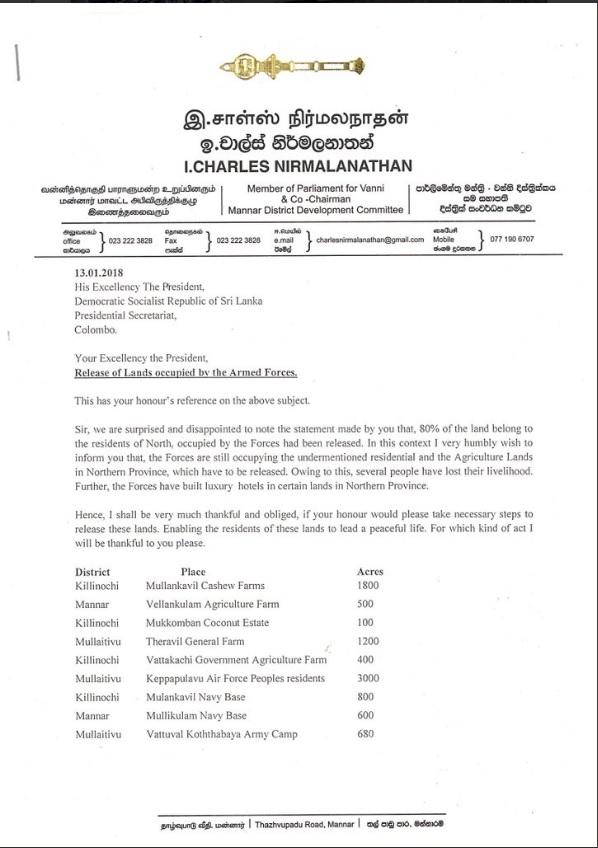 MP Nirmalanathan Letter re Lands Held by Military – Ilankai Tamil Sangam
