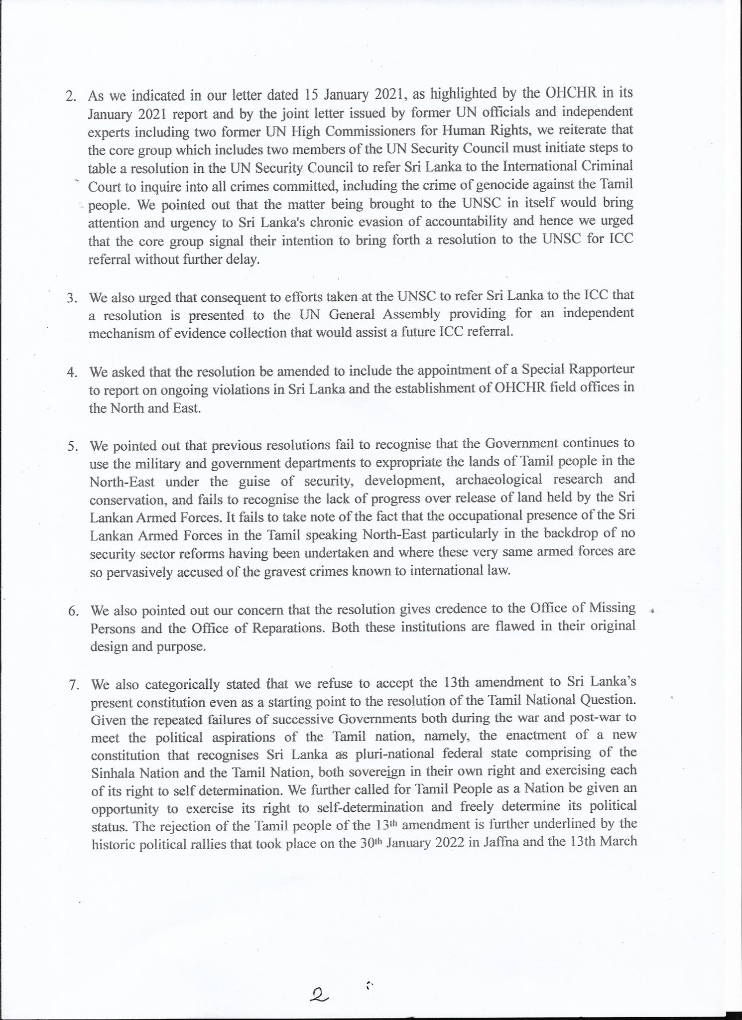 TNPF: Letter to Core Group on Sri Lanka – Ilankai Tamil Sangam