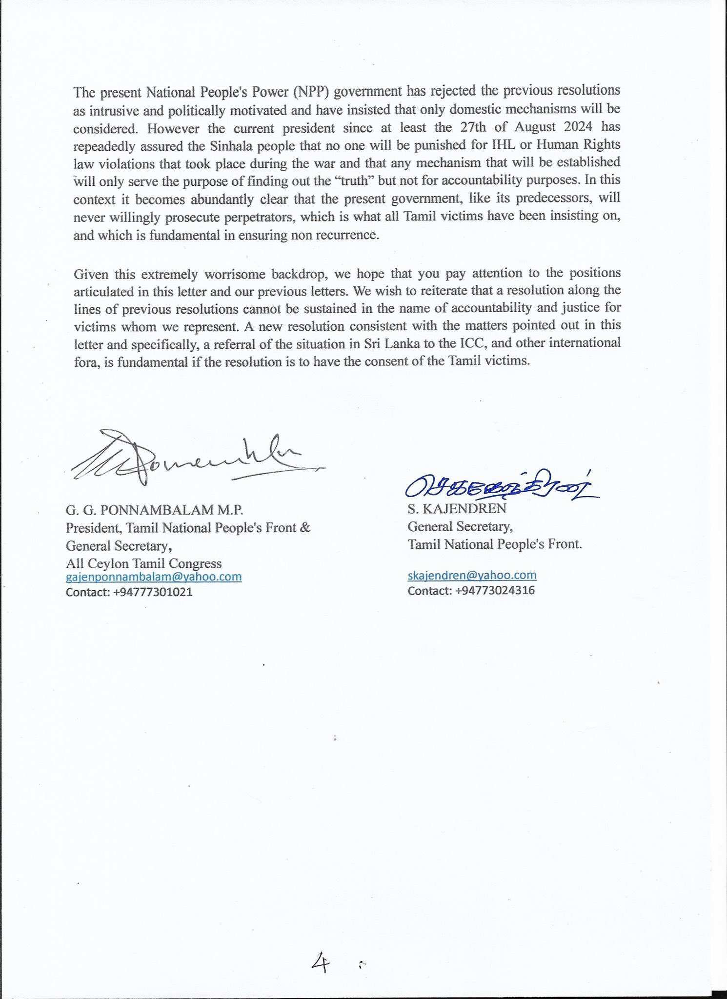 TNPF: Letter to Core Group on Sri Lanka – Ilankai Tamil Sangam